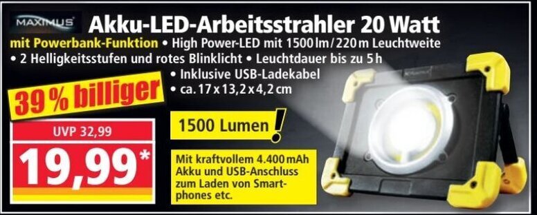 Maximus Akku LED Arbeitsstrahler 20 Watt Angebot bei Norma