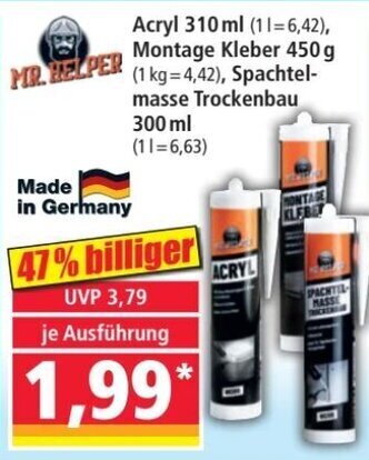 Mr. Helper Acryl 310 ml, Montage Kleber 450 g Angebot bei Norma
