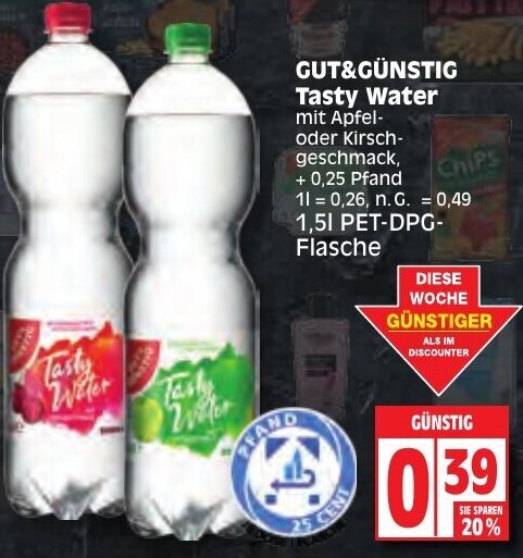 Gut & Günstig Tasty Water 1,5 L PET-DPG Flasche Angebot bei Edeka