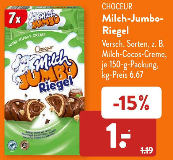 Choceur Milch Jumbo Riegel 150 g Packung Angebot bei Aldi Süd