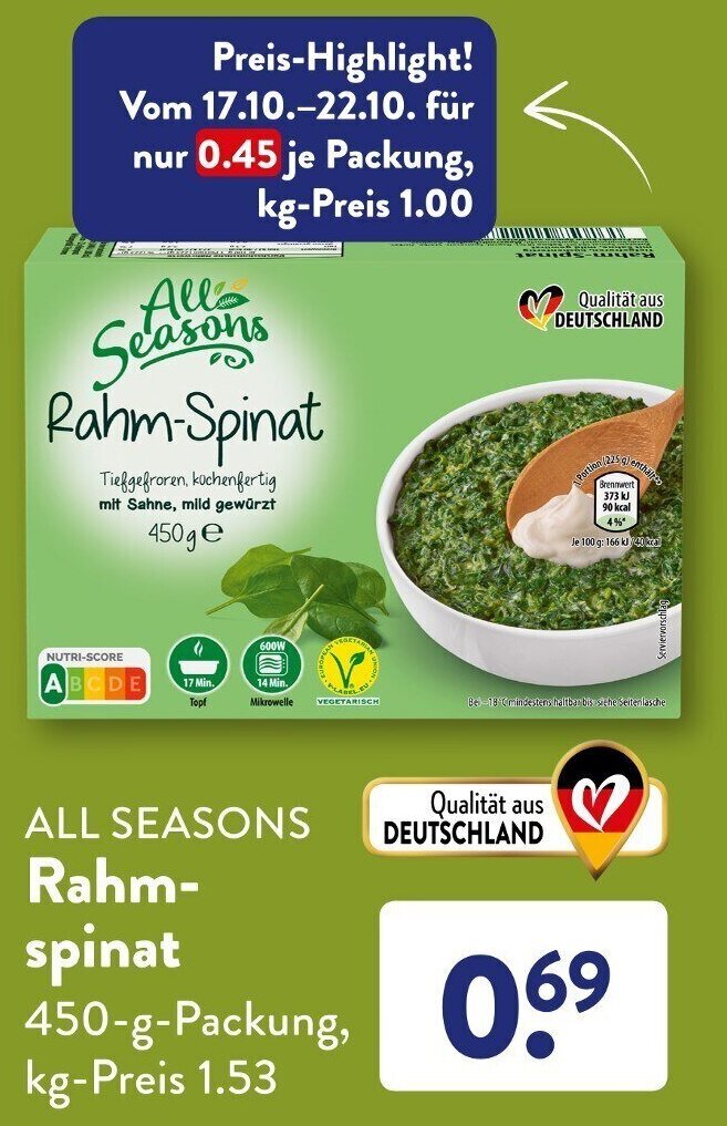 All Seasons Rahmspinat 450 g Packung Angebot bei Aldi Süd
