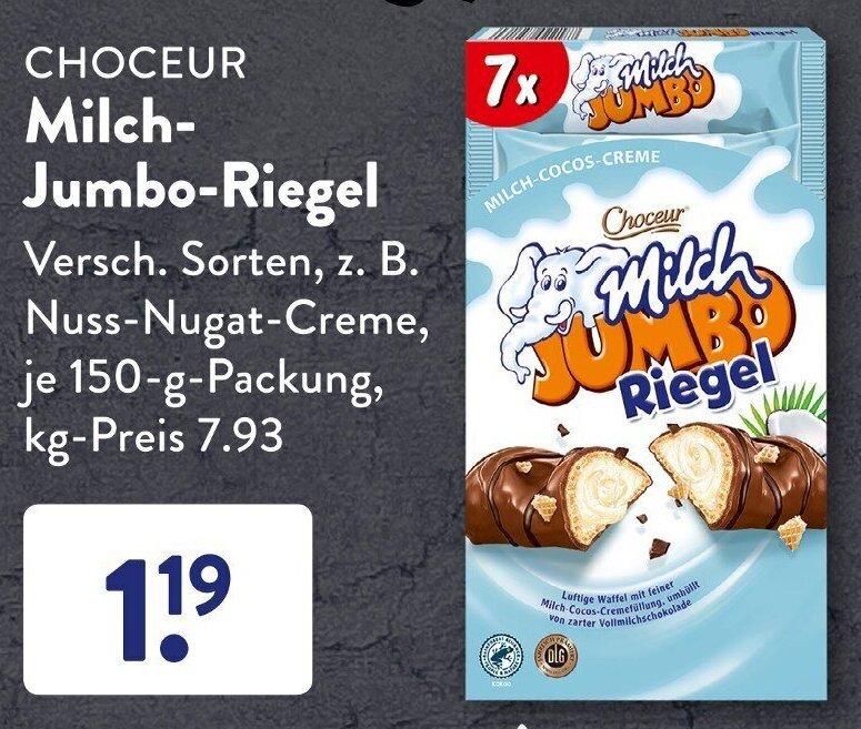 Choceur Milch Jumbo Riegel 150 g Packung Angebot bei Aldi Süd