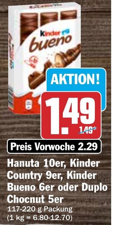 Hanuta 10er, Kinder Country 9er, Kinder Bueno 6er oder Duplo Chocnut ...