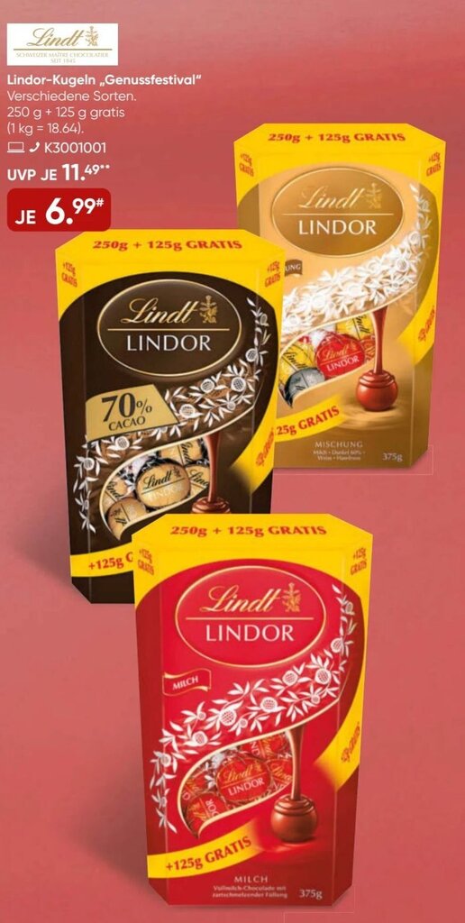 Lindt Lindor Kugeln ,,Genussfestival" 250 g + 125 g gratis Angebot bei ...