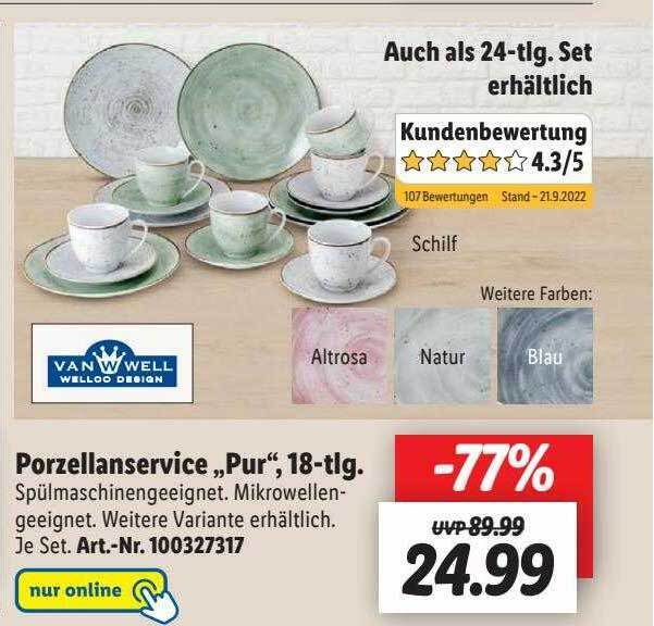 Van well porzellanservice „pur“ 18-tlg Angebot bei Lidl