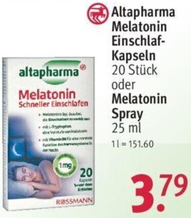 Altapharma Melatonin Einschlaf Kapseln 20 Stück oder Melatonin Spray 25 ...