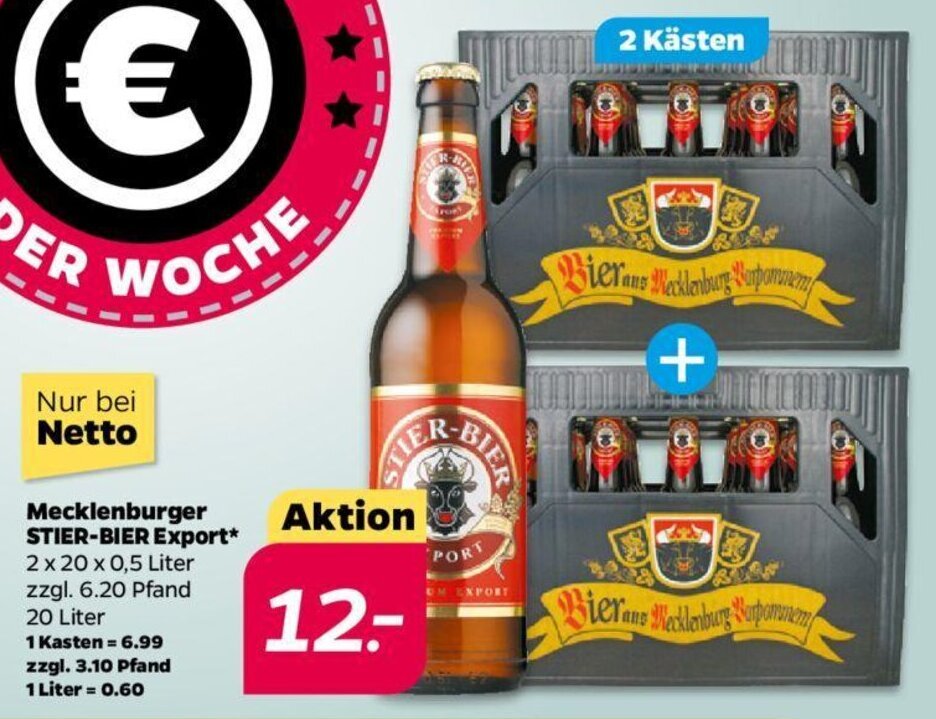 Mecklenburger Stier Bier Export 2x20x0,5 Liter Angebot bei NETTO