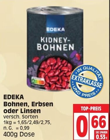 Edeka Bohnen, Erbsen oder Linsen 400 g Dose Angebot bei Edeka