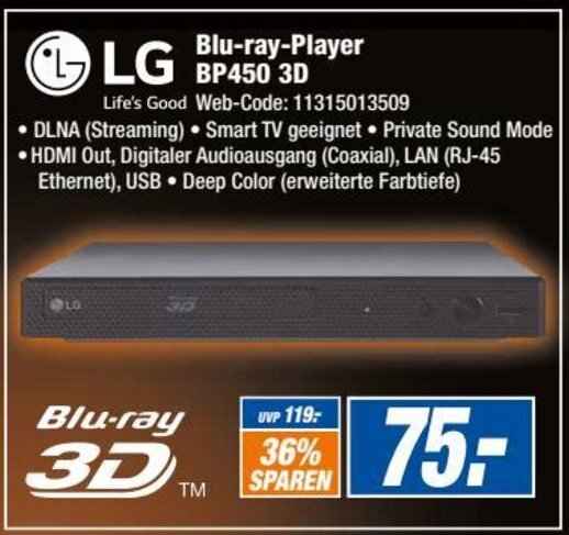 LG Blu-ray Player BP450 3D Angebot bei HEM Expert