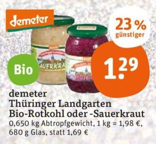 demeter Thüringer Landgarten Bio Rotkohl oder Sauerkraut 680 g Glas ...