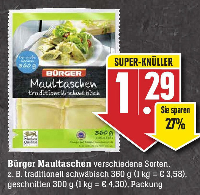 Bürger Maultaschen 360/300g Angebot bei Edeka