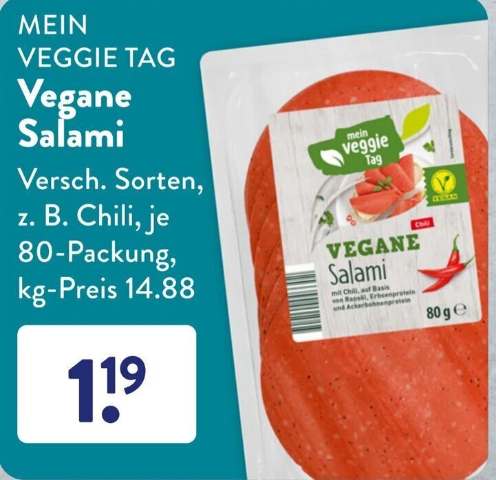 Mein Veggie Tag Vegane Salami 80 g Packung Angebot bei Aldi Süd