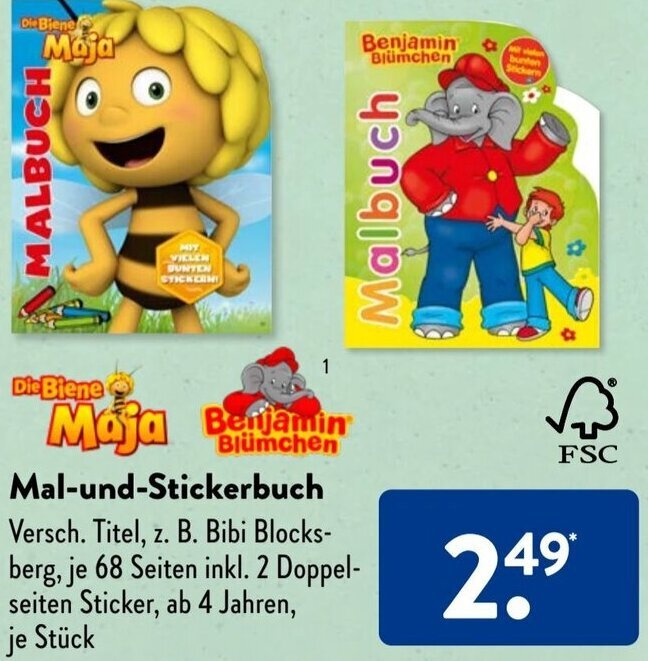 Die Biene Maja/Benjamin Blümchen Mal und Stickerbuch Angebot bei Aldi Süd