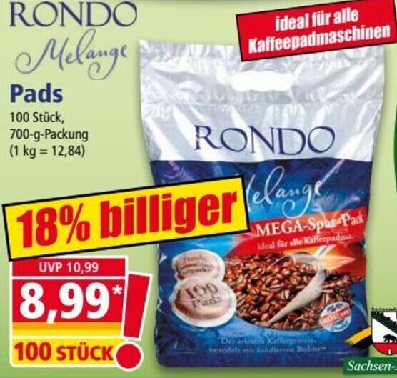 Rondo Melange Pads 100 Stück, 700 g Packung Angebot bei Norma
