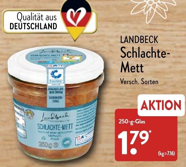 Landbeck Schlachte Mett 250 g Glas Angebot bei Aldi Nord