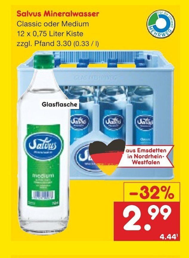 Salvus Mineralwasser 12*750ml Angebot bei Netto Getränke Discount