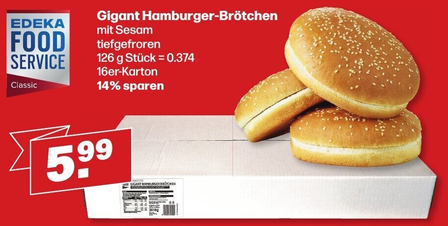 Edeka Food Service Gigant Hamburger Brötchen 16er Karton Angebot bei ...