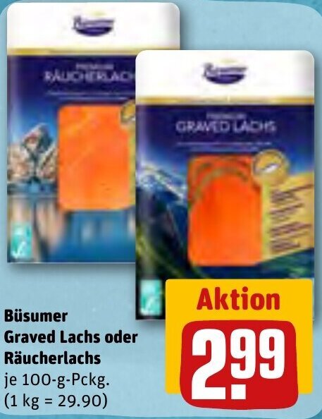 Büsumer Graved Lachs oder Räucherlachs 100 g Pckg. Angebot bei REWE