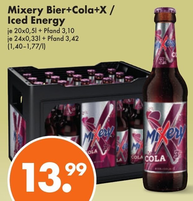 Mixery Bier+Cola+X/Iced Energy 20x0,5 L/24x0,33 L Angebot bei Trink und ...