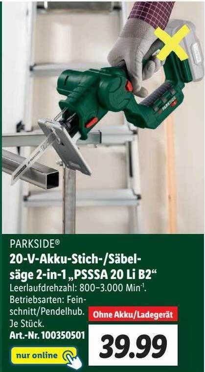 Parkside 20-v-akku-stich- säbel- säge 2-in-1 „psssa 20 li b2” Angebot ...