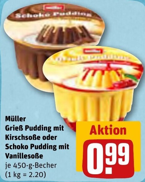 Müller Grieß Pudding mit Kirschsoße oder Schoko Pudding mit Vanillesoße ...