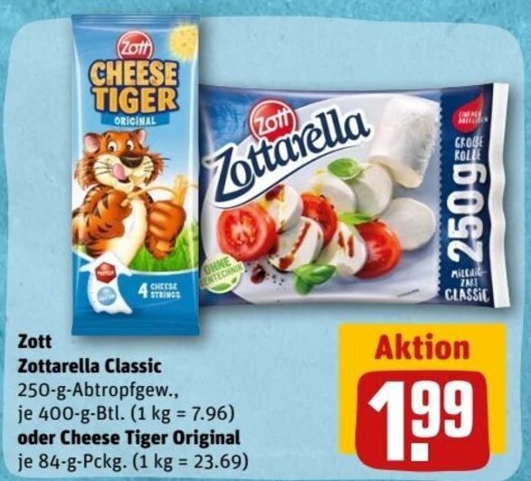 Zott Zottarella-Rolle 250-400g o. Cheese Tiger Orig. 84g Angebot bei ...