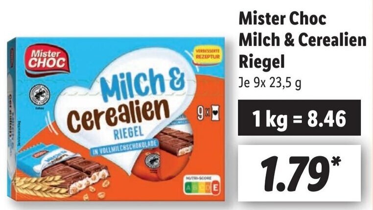 Mister Choc Milch & Cerealien Riegel 9x23,5 g Angebot bei Lidl
