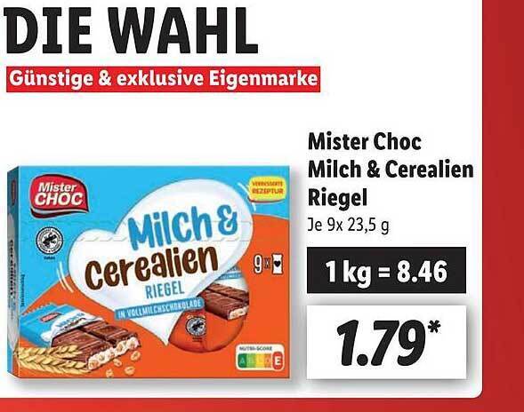 Mister choc milch & cerealien riegel Angebot bei Lidl