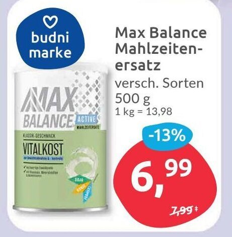 Max Balance Mahlzeitenersatz 500g Angebot bei Budni