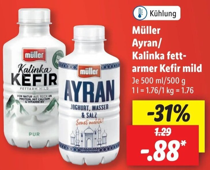 Müller Ayran/Kalinka fettarmer Kefir mild 500 ml/500 g Angebot bei Lidl