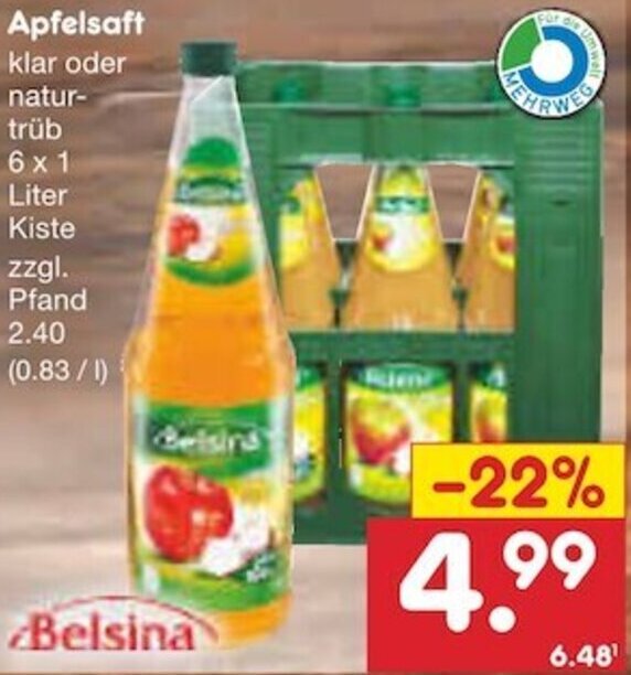 Belsina Apfelsaft 6x1 Liter Angebot bei Netto Marken-Discount