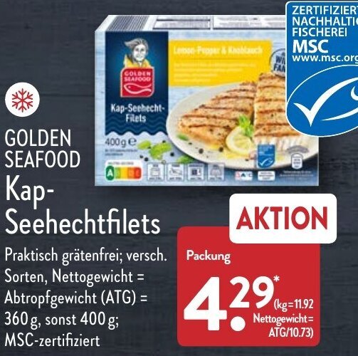 Golden Seafood Kap Seehechtfilets Angebot bei Aldi Nord
