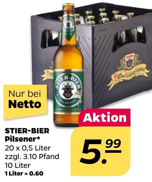 Stier Bier Pilsener 20x0,5 Liter Angebot bei NETTO