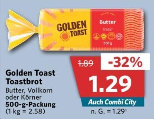 Golden Toast Toastbrot 500 g Packung Angebot bei Combi