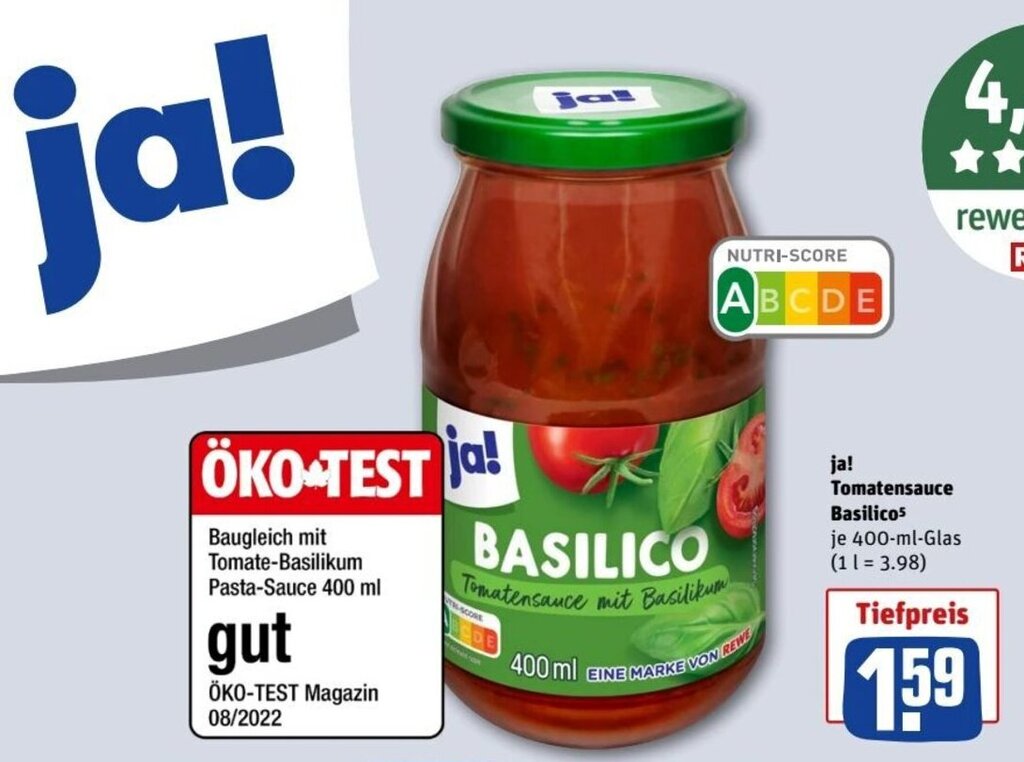ja! Tomatensauce Basilico 400 ml Glas Angebot bei REWE Center