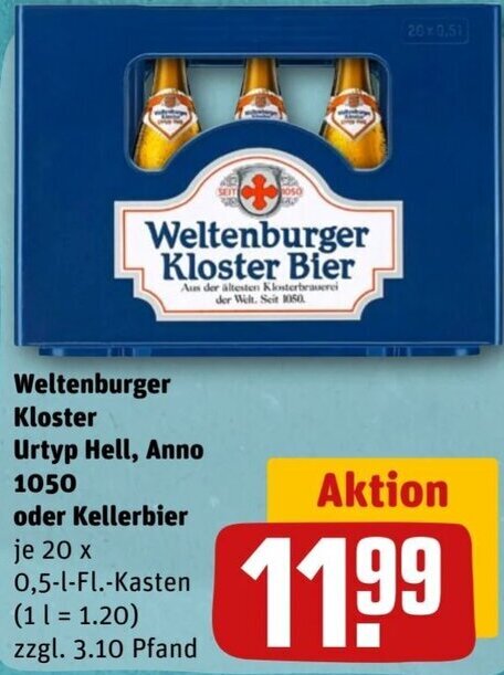 Weltenburger Kloster Urtyp Hell,Anno 1050 oder Kellerbier 20 x 0,5 l Fl ...