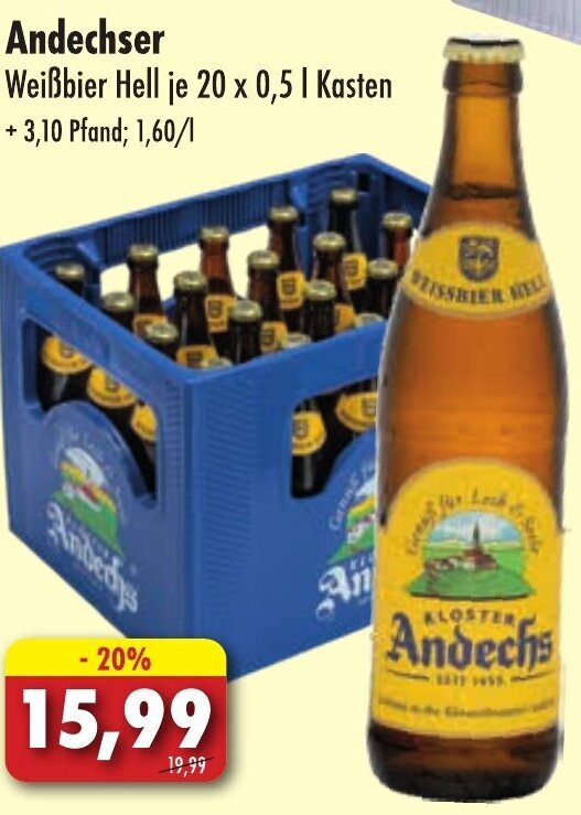 Andechser Weißbier Hell 20x0,5 L Kasten Angebot bei Lösch Depot