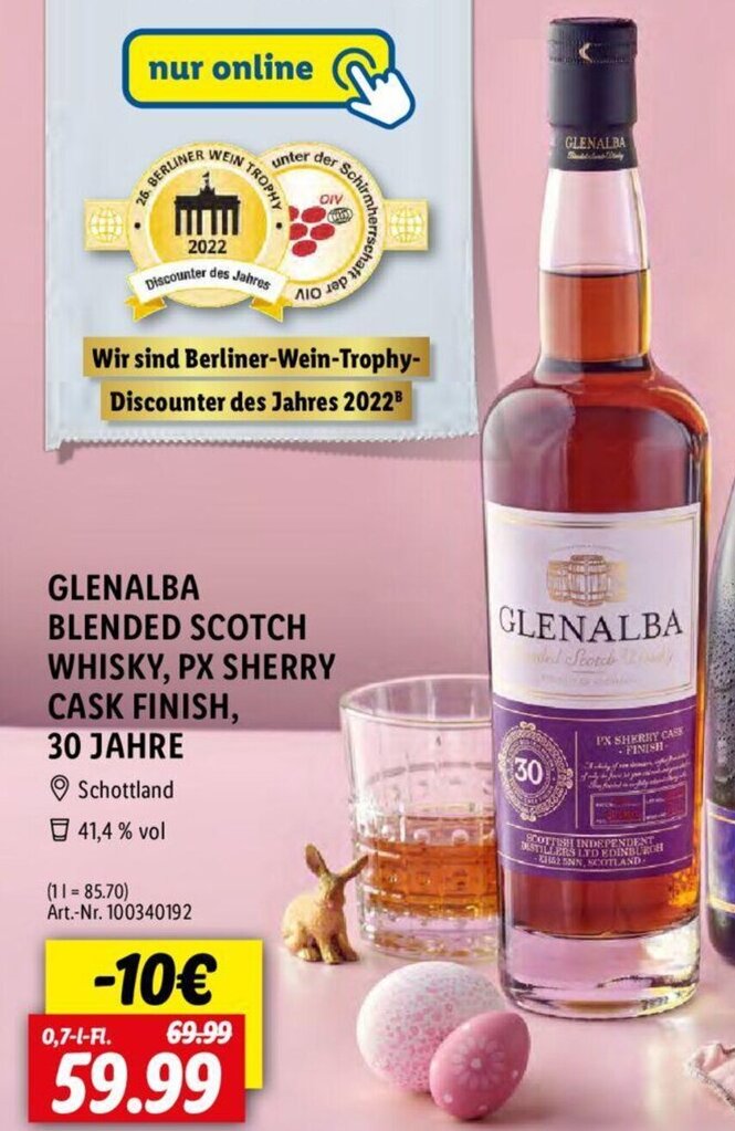 Glenalba Blended Scotch Whisky, PX Sherry Cask Finish, 30 Jahre 0,7 L ...