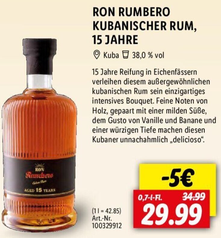 Ron Rumbero Kubanischer Rum 15 Jahre 0,7 L-Fl. Angebot bei Lidl
