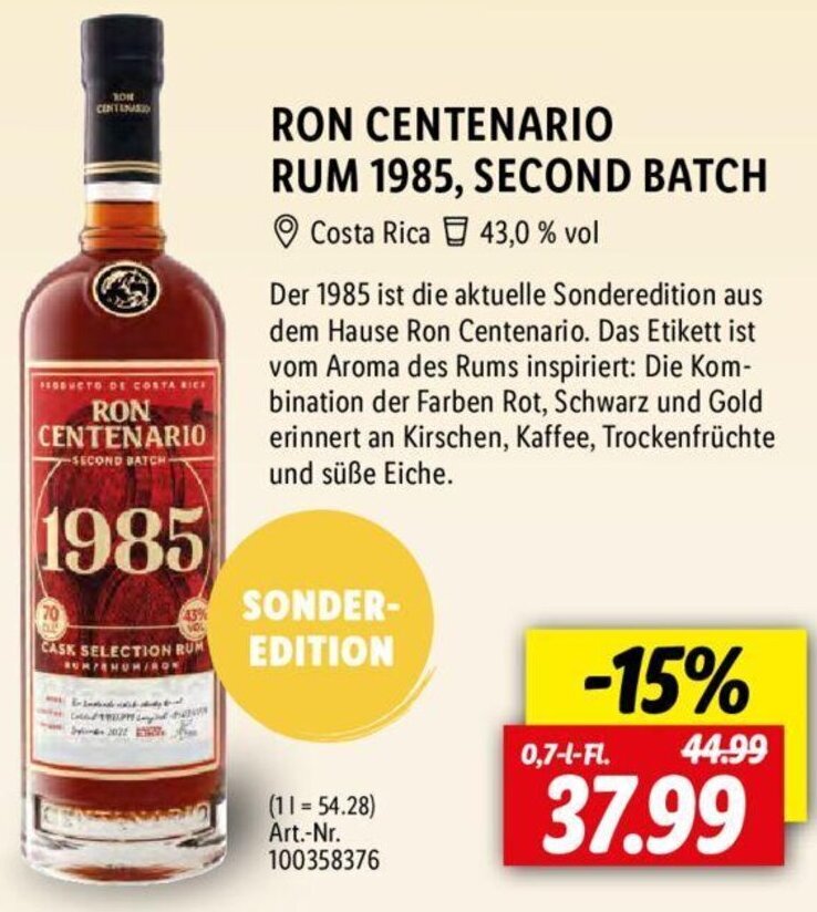 Ron Centenario Rum 1985, Second Batch 0,7 L-Fl. Angebot bei Lidl