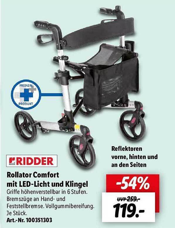Ridder rollator comfort mit led-licht und klingel Angebot bei Lidl