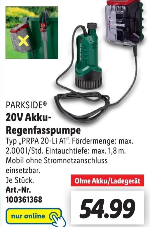 Parkside 20V Akku Regenfasspumpe PRPA 20 Li A1 Angebot bei Lidl