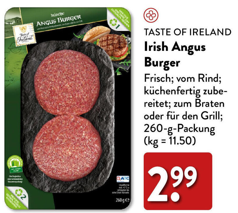 Taste of Ireland Irish Angus Burger 260 g Packung Angebot bei Aldi Nord