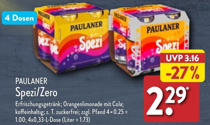 Paulaner Spezi/Zero 4x0,33 L Dose Angebot bei Aldi Nord