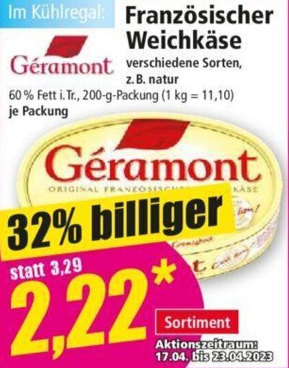 Géramont Französischer Weichkäse 200 g Packung Angebot bei Norma