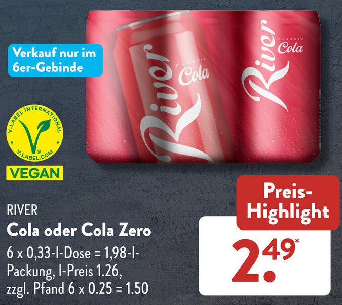 River Cola oder Cola Zero 6 x 0,33 L Dose Angebot bei Aldi Süd