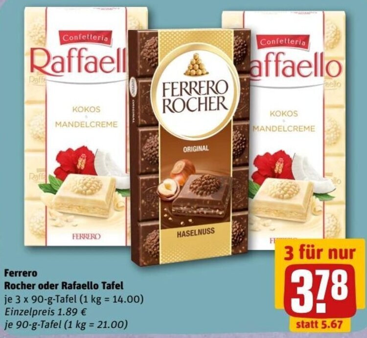 Ferrero Rocher oder Raffaello Tafel 3 x 90 g Angebot bei REWE Center