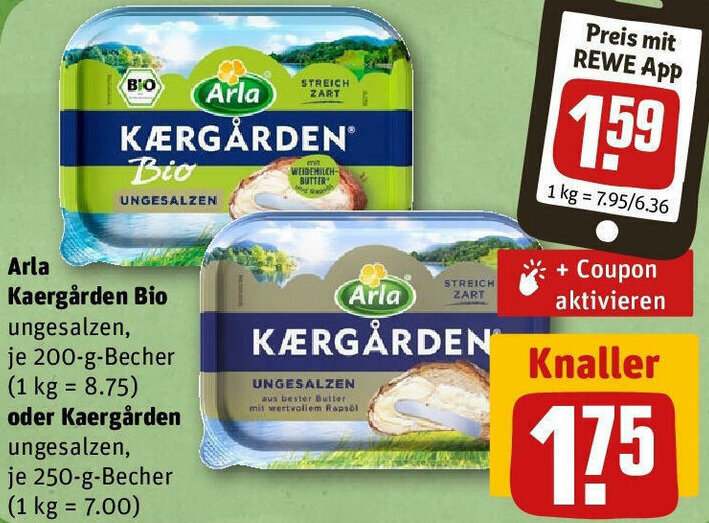 Arla Kaergården Bio ungesalzen 200-g oder Kaergården ungesalzen 250 g ...