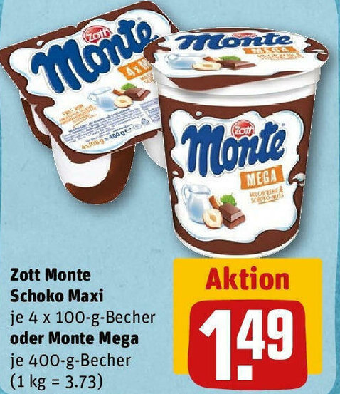 Zott Monte Schoko Maxi 4x100 g oder Monte Mega 400 g Angebot bei REWE