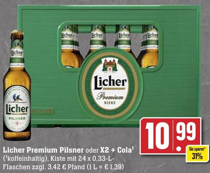 Licher Premium Pilsner oder X2 + Cola 24 x 0,33-L Angebot bei Edeka